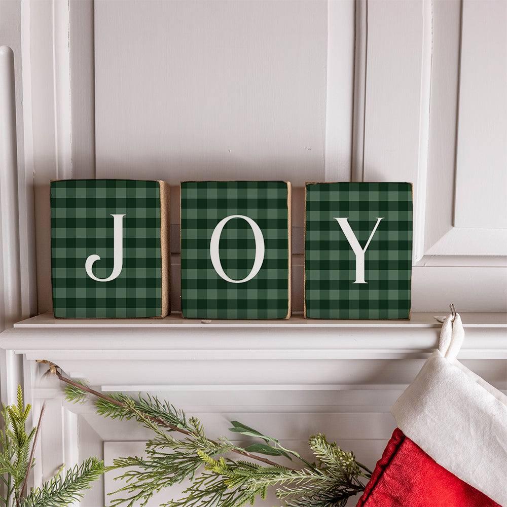 Joy Green Plaid Decorative Wooden Block Bundle | Rustic Marlin Designs