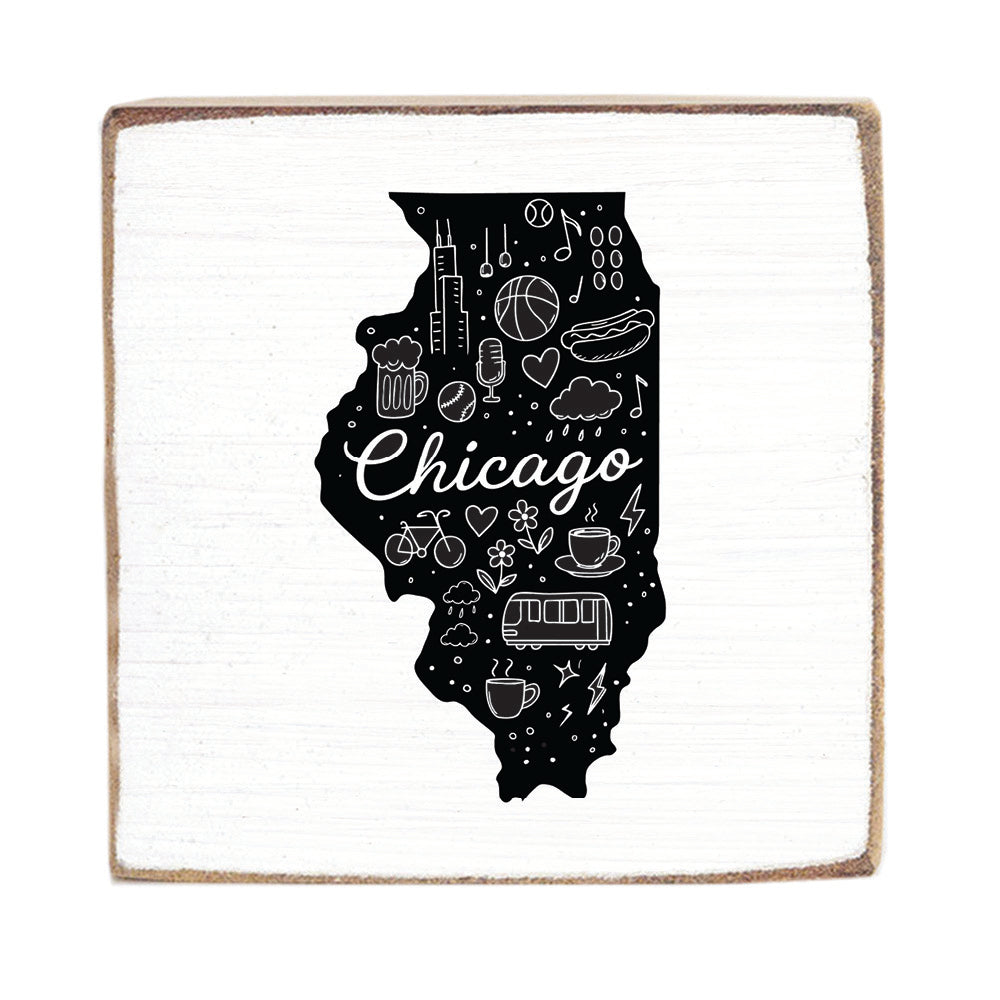Chicago, Illinois State Line Art 6x6 Block Sign – Rustic Marlin