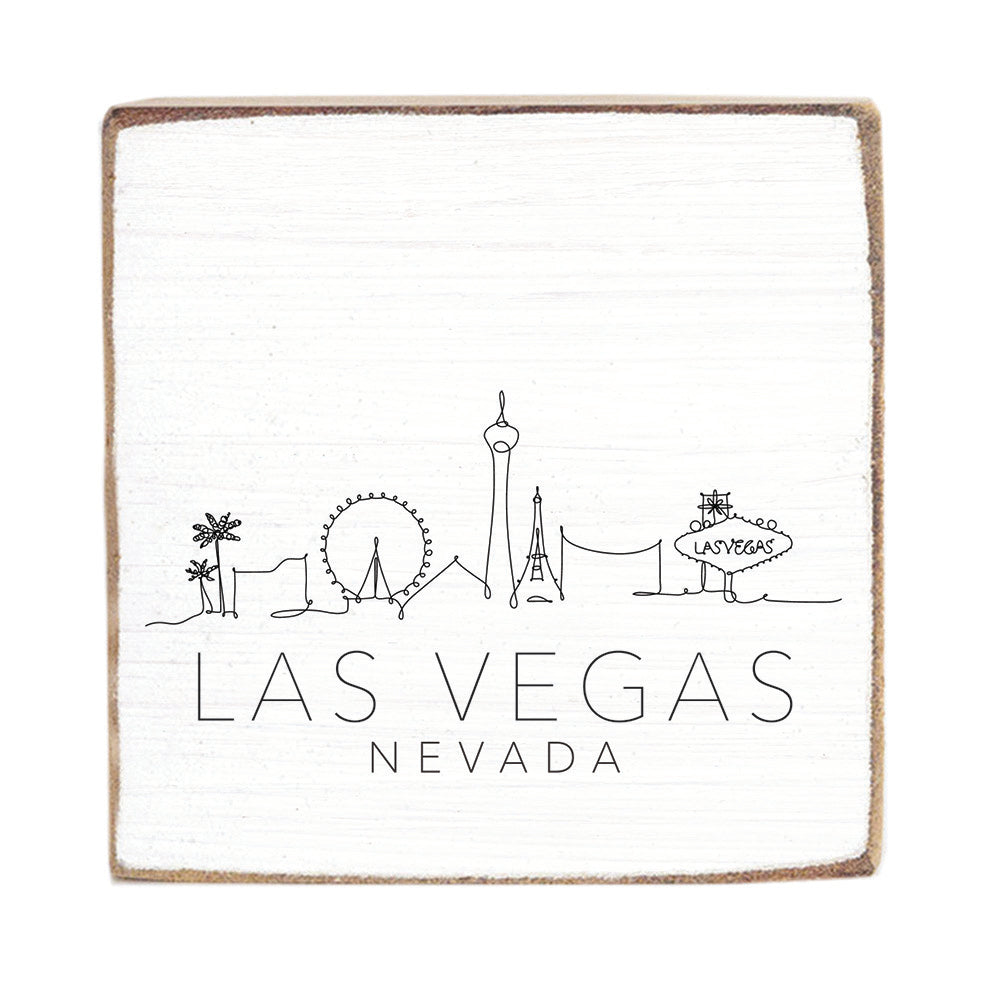 Las Vegas Skyline Sketch Square Block Sign – Rustic Marlin